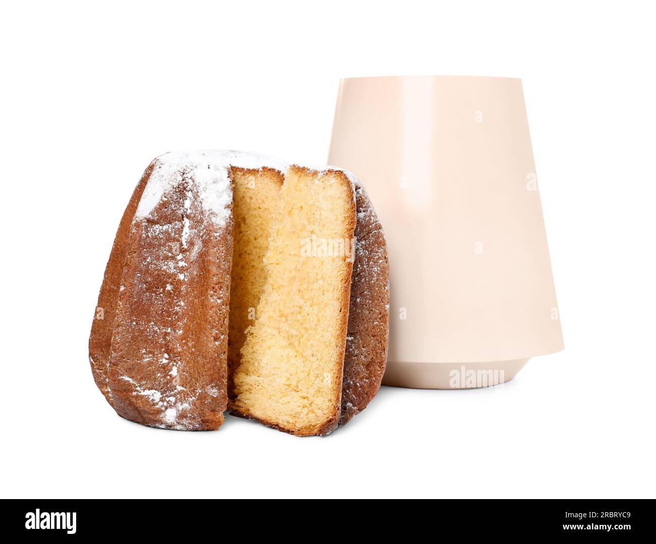 Delicious Pandoro cake decorated with powdered sugar and box isolated ...