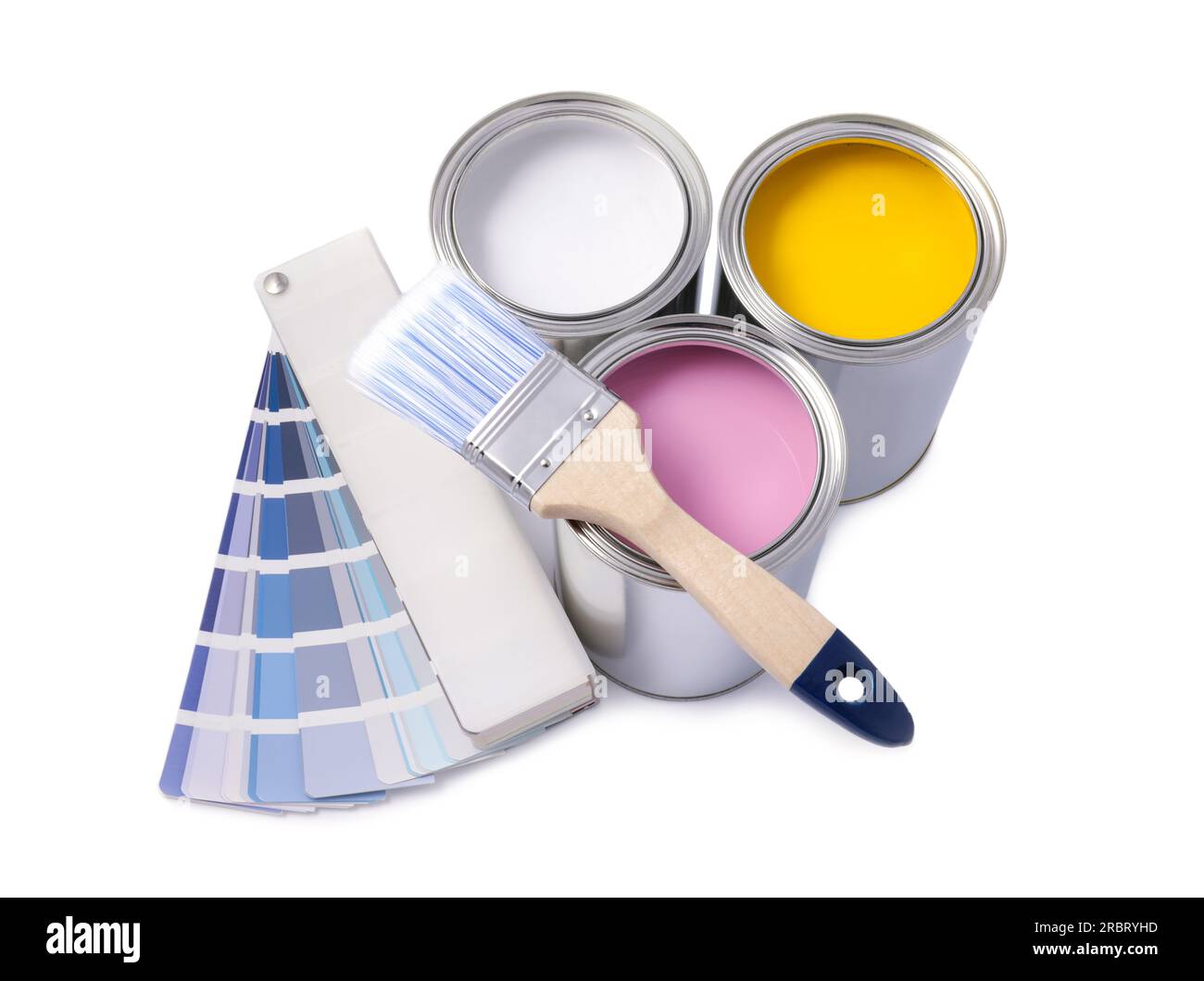 Cans with different paints, brush and color palette on white background ...