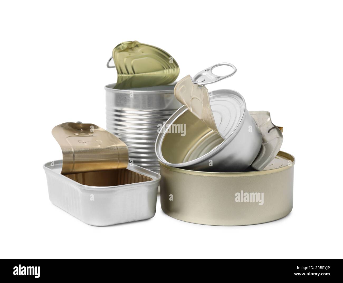 Many open tin cans isolated on white Stock Photo - Alamy