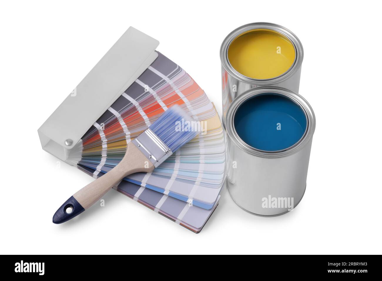 Paint cans, brush and palette on white background Stock Photo - Alamy