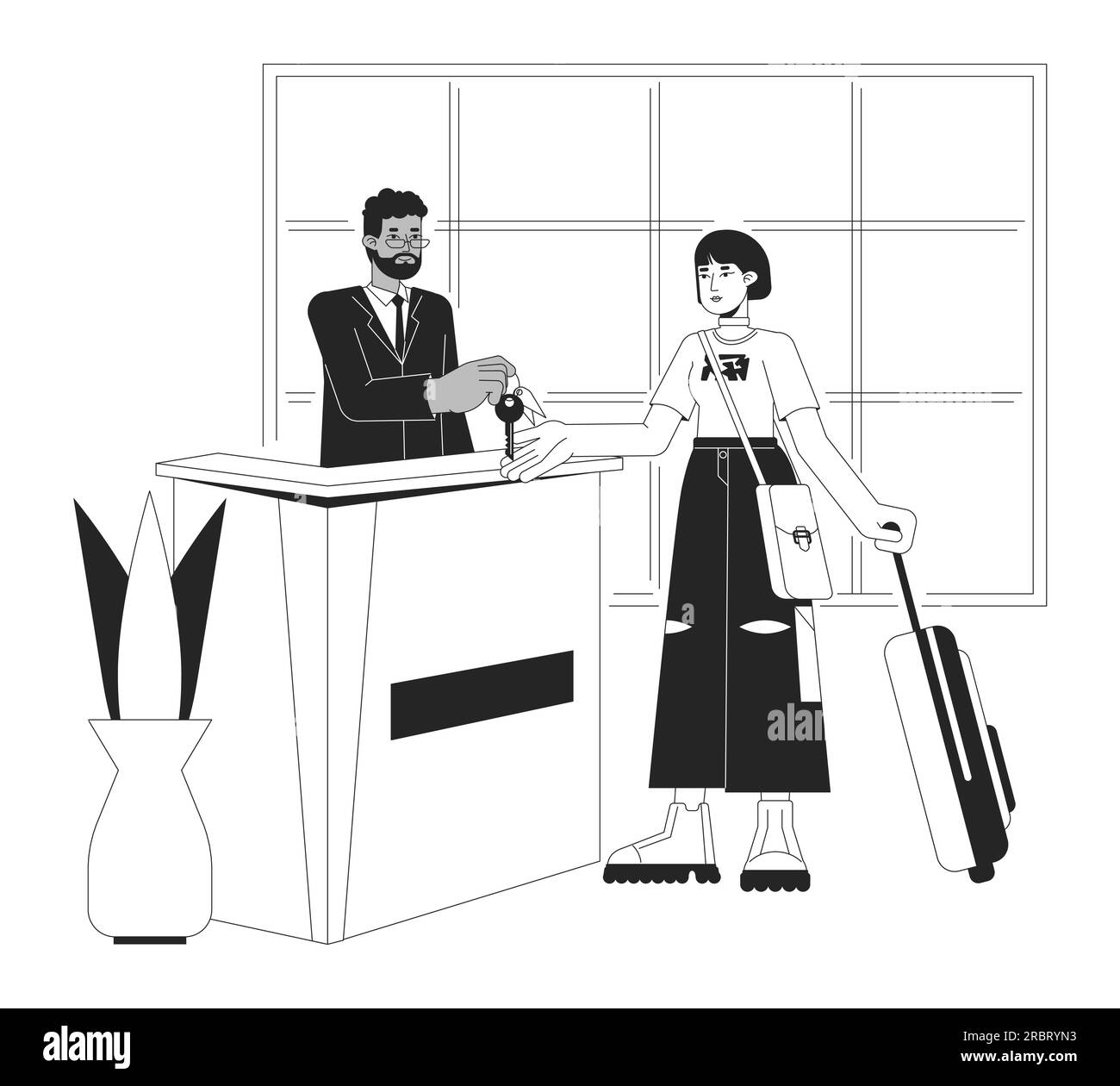 Hotel lobby check in bw vector spot illustration Stock Vector Image ...