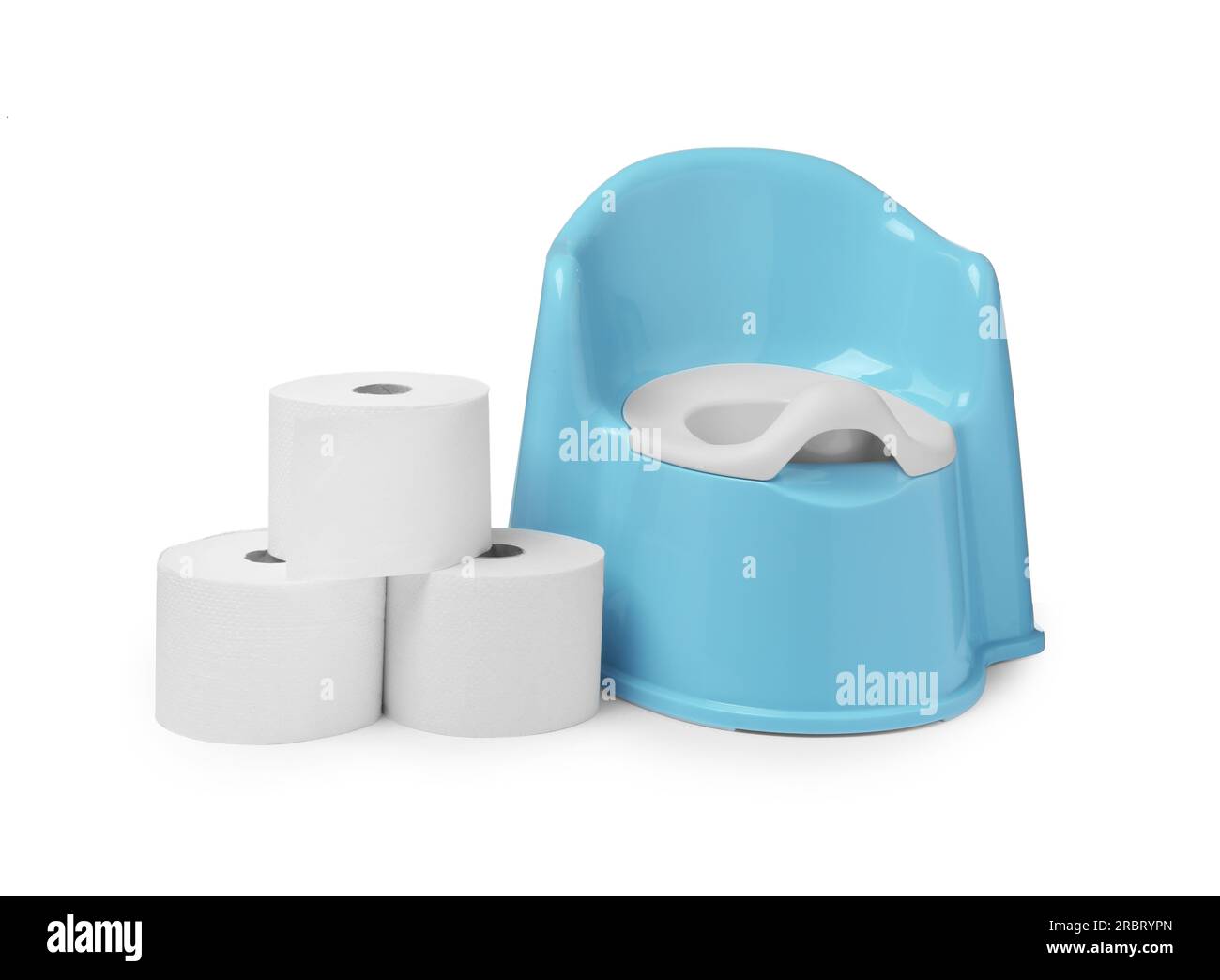 Light blue baby potty and toilet paper isolated on white Stock Photo ...