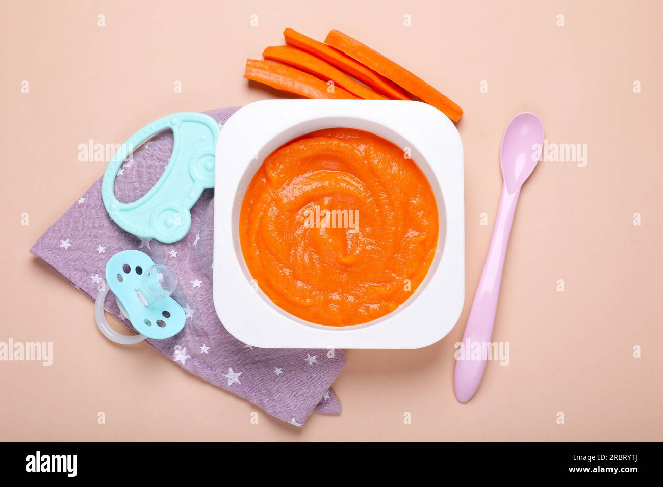 Flat lay composition with healthy baby food on beige background Stock ...