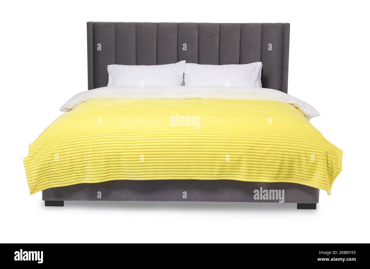 Comfortable gray bed with linens on white background Stock Photo - Alamy