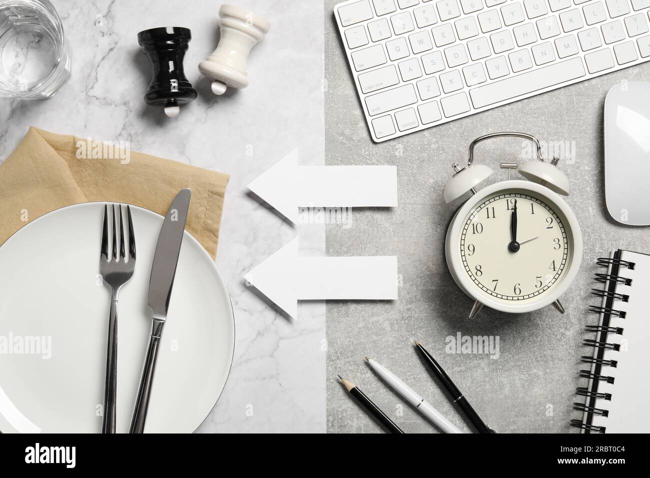 Creative business lunch layout. Plate with cutlery, arrows and alarm ...