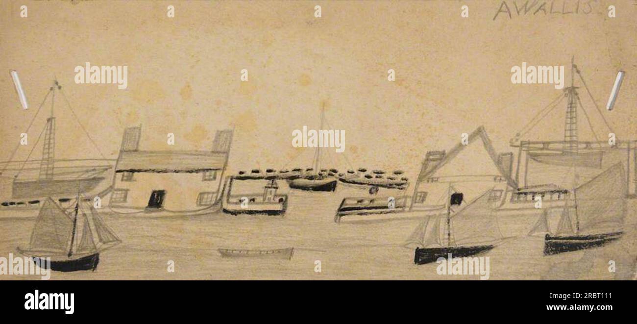 Houses Either Side of Port Entrance and Seven Boats by Alfred Wallis ...