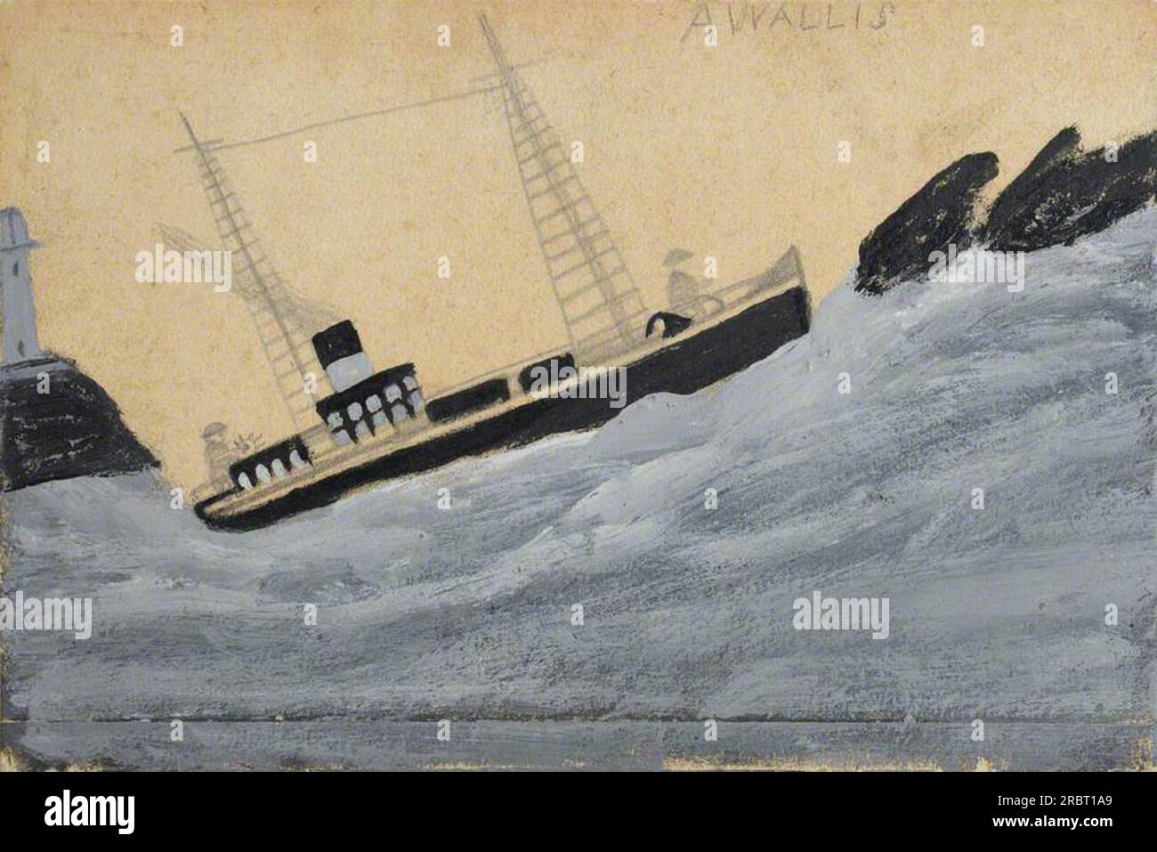 Steamboat with Two Sailors, Lighthouse and Rocks by Alfred Wallis Stock ...