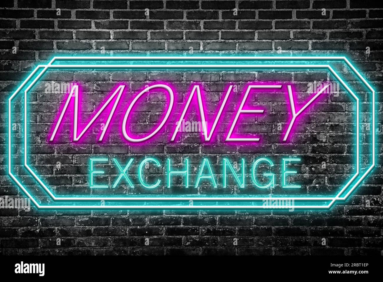 Money Exchange neon sign on brick wall. Bright frame with text Stock ...