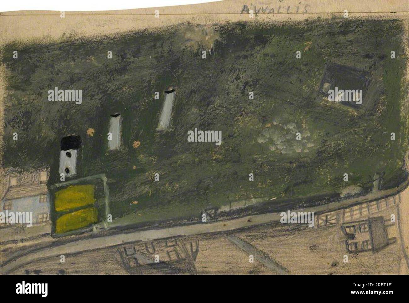 Landscape with Field, Chimneys and Road between Blue and Dark Green ...