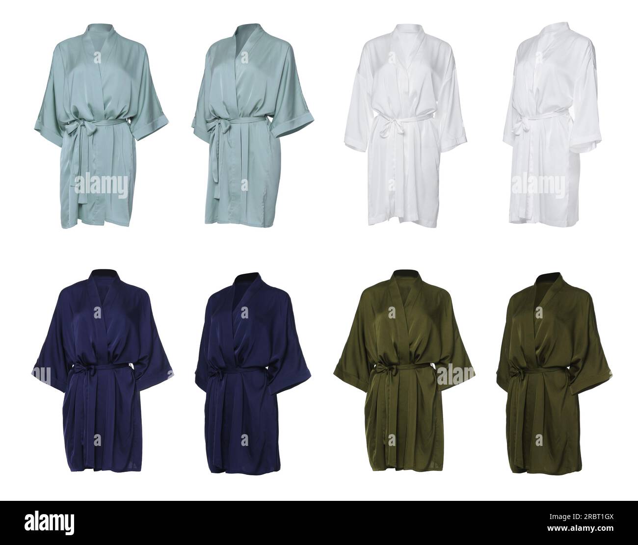 Set of different color silk bathrobes on white background Stock Photo ...