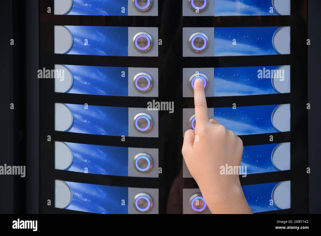 Using coffee vending machine. Woman pressing button to choose drink ...