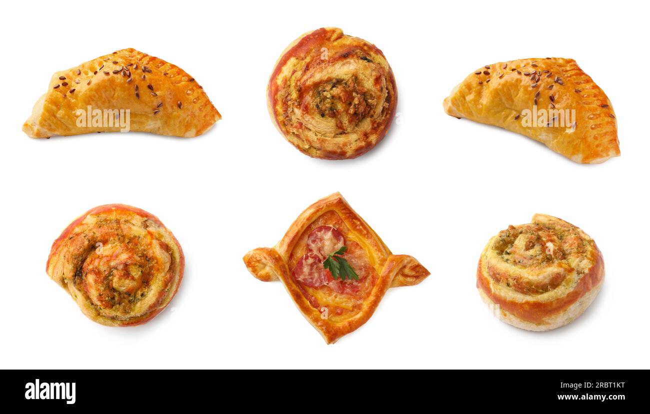 Collage with different puff pastry isolated on white Stock Photo - Alamy