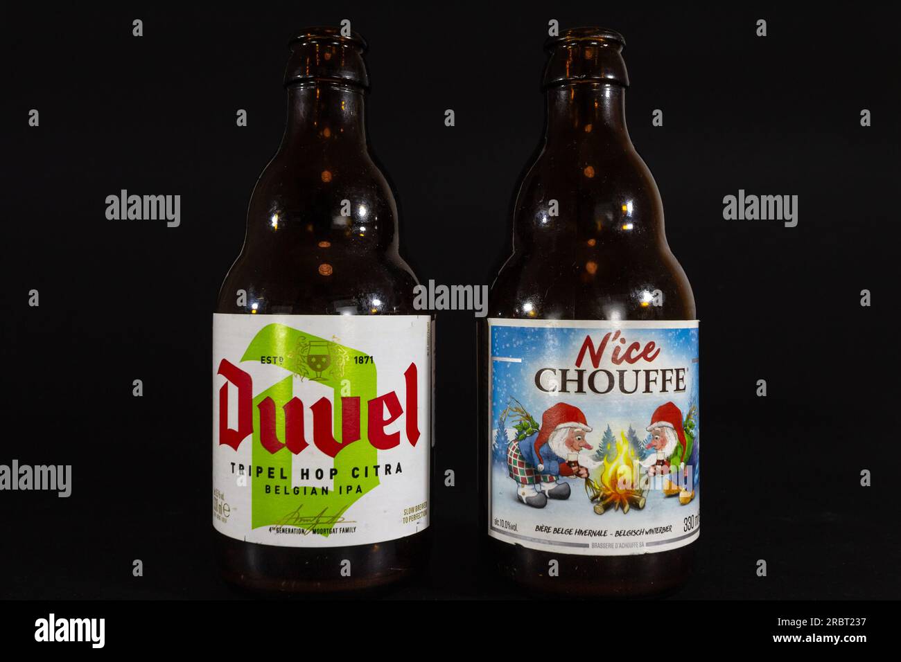 Picture of two bottles with the logo of Chouffe and Duvel taken in ...