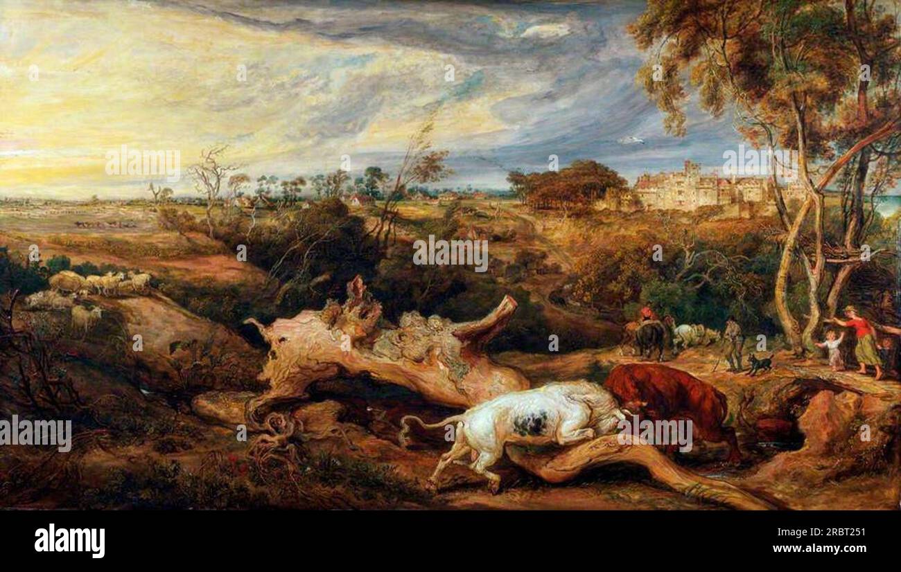 Bulls Fighting, with a View of Donatt's Castle, Glamorganshire by James ...