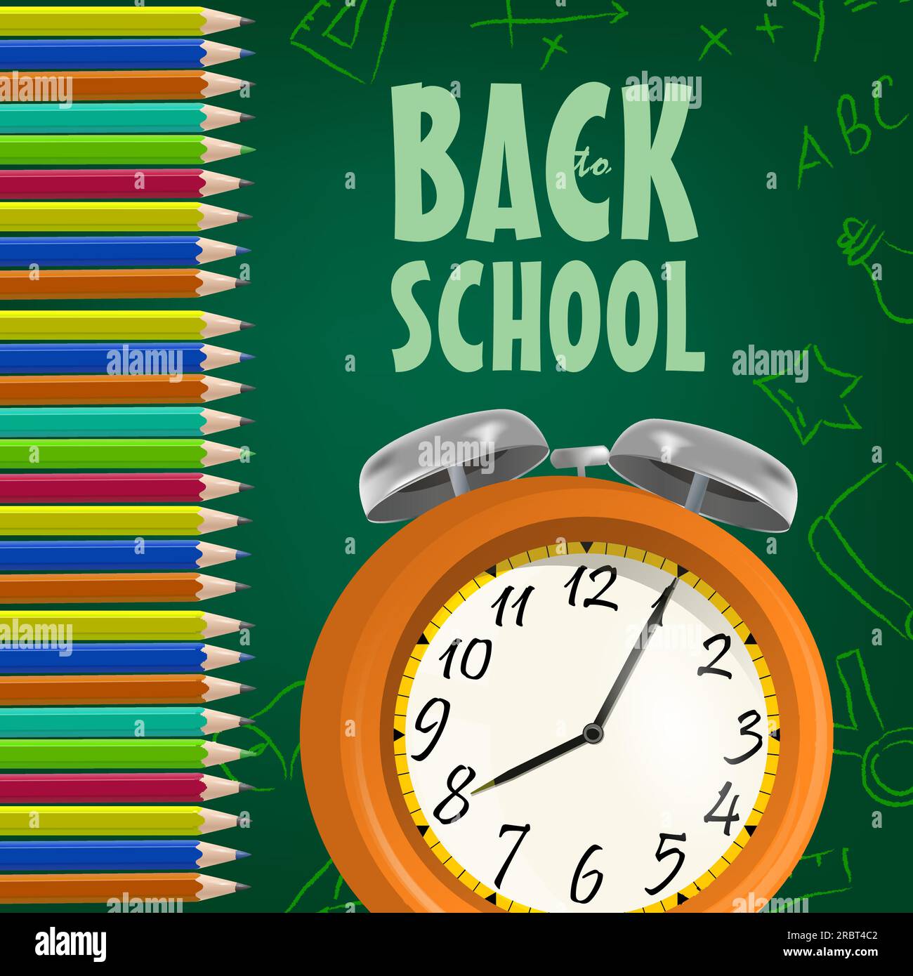 Back to school poster design with alarm clock, colored pencils Stock ...