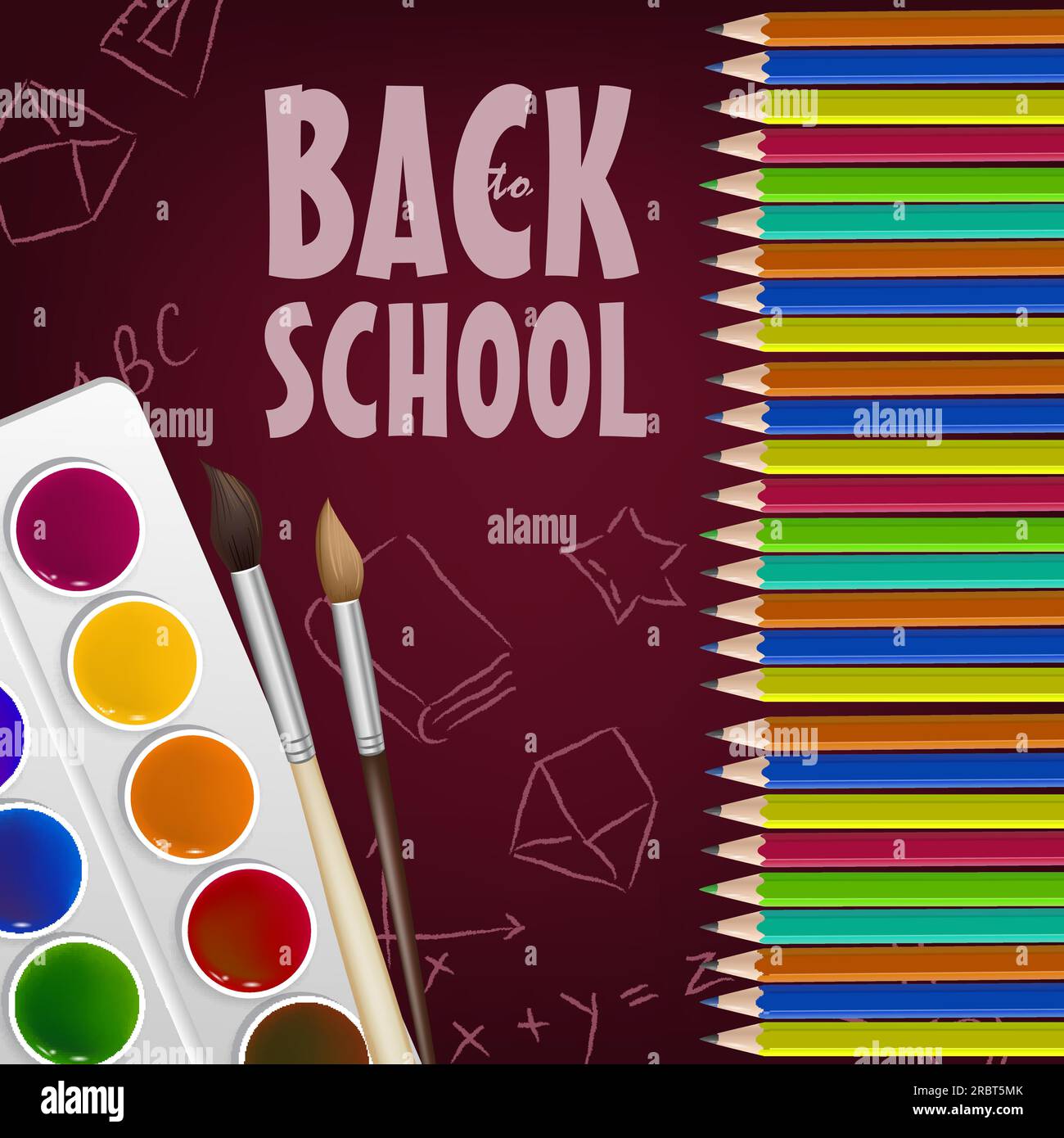 Back to school poster design with colored pencils, paint box Stock ...