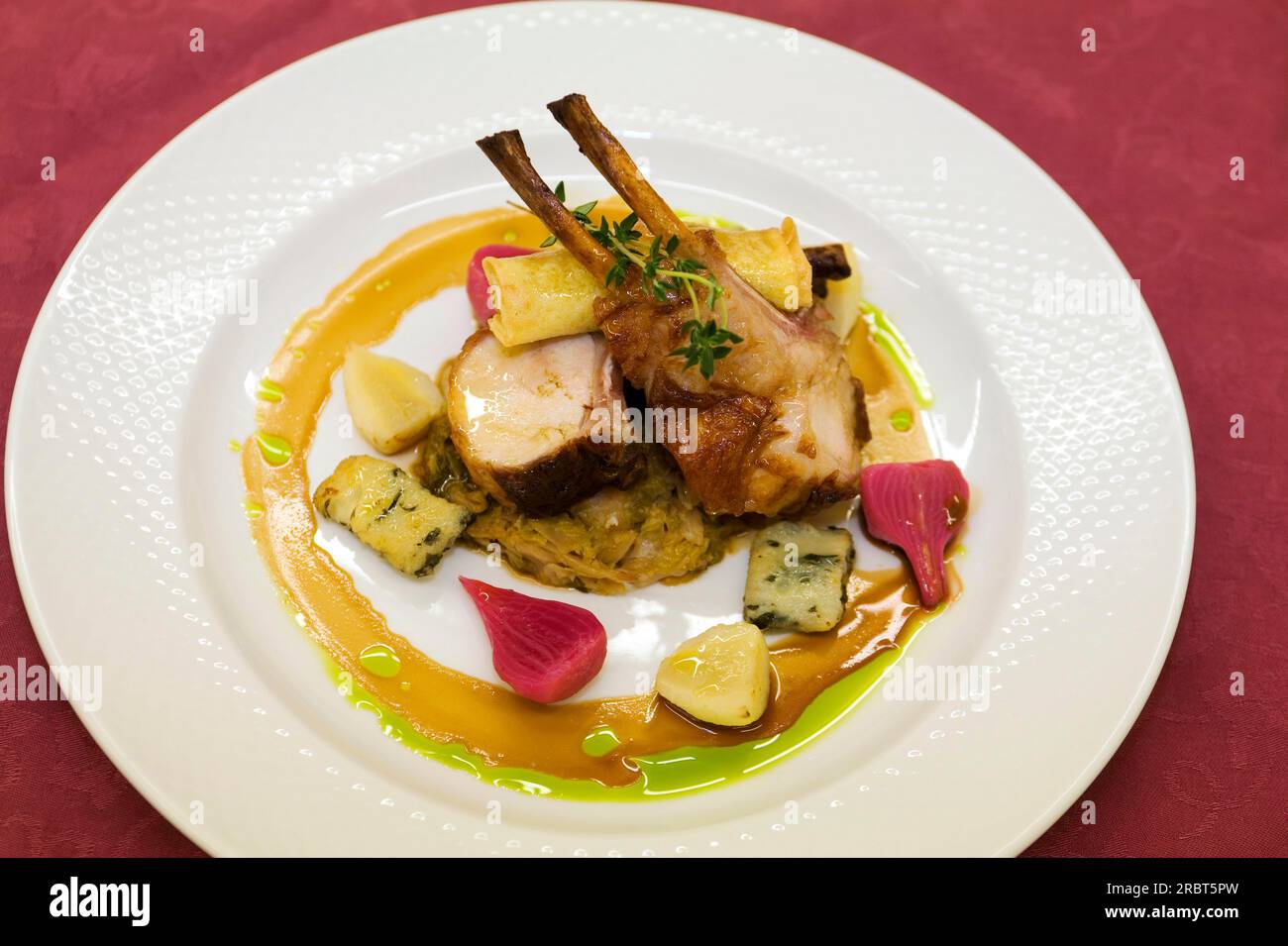 Dish with piglet meat and vegetables, Hotel Fairmont Reine Elizabeth ...