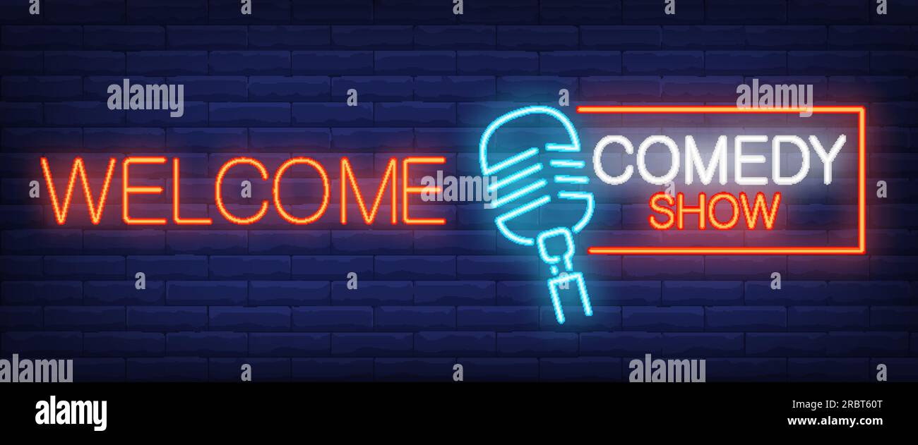 Welcome neon sign. Glowing Comedy Show lettering and microphone Stock ...