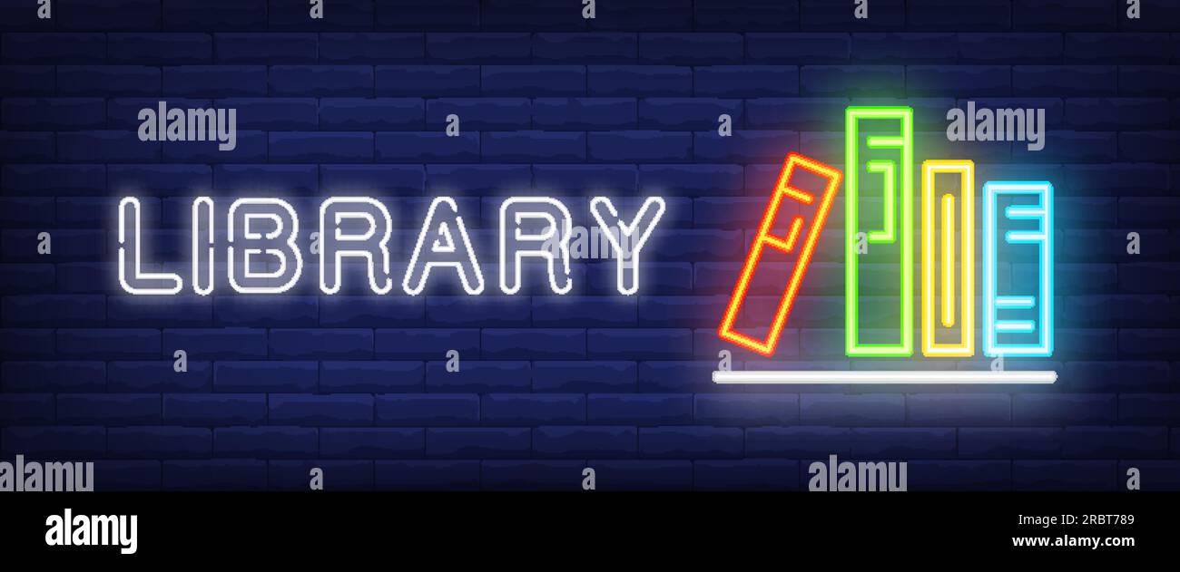 Library neon text and books on shelf Stock Vector Image & Art - Alamy