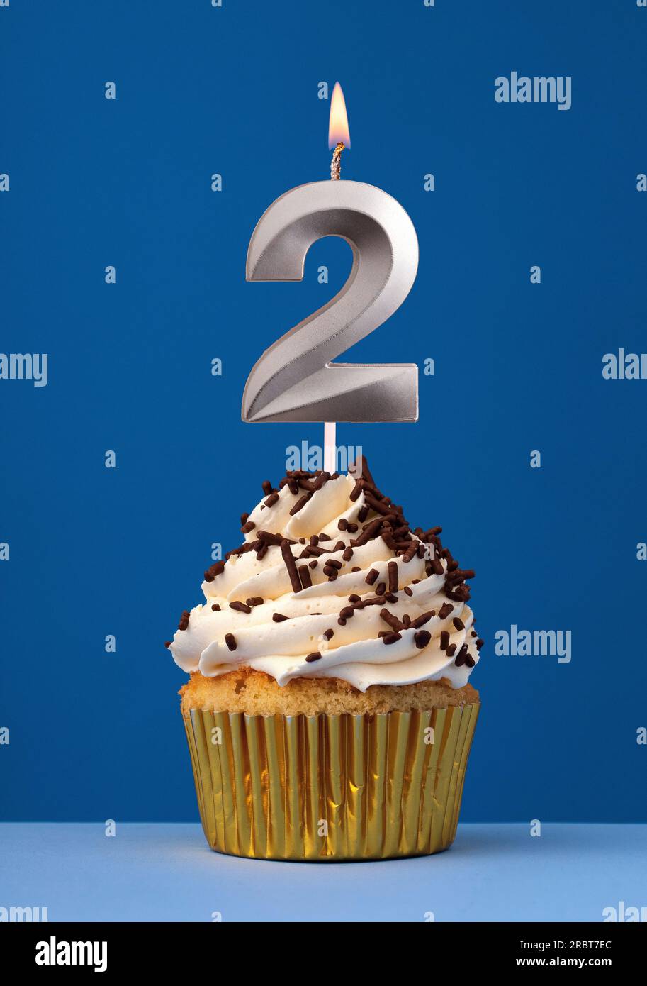 Horizontal birthday card with cake - Lit candle number 2 on blue ...