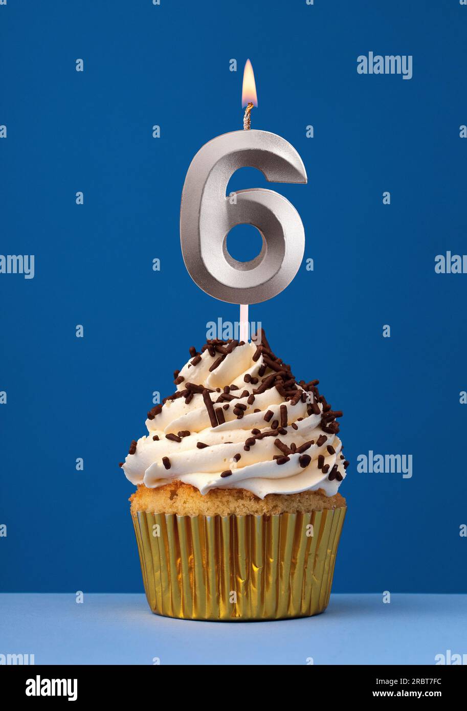 Horizontal birthday card with cake - Lit candle number 6 on blue ...