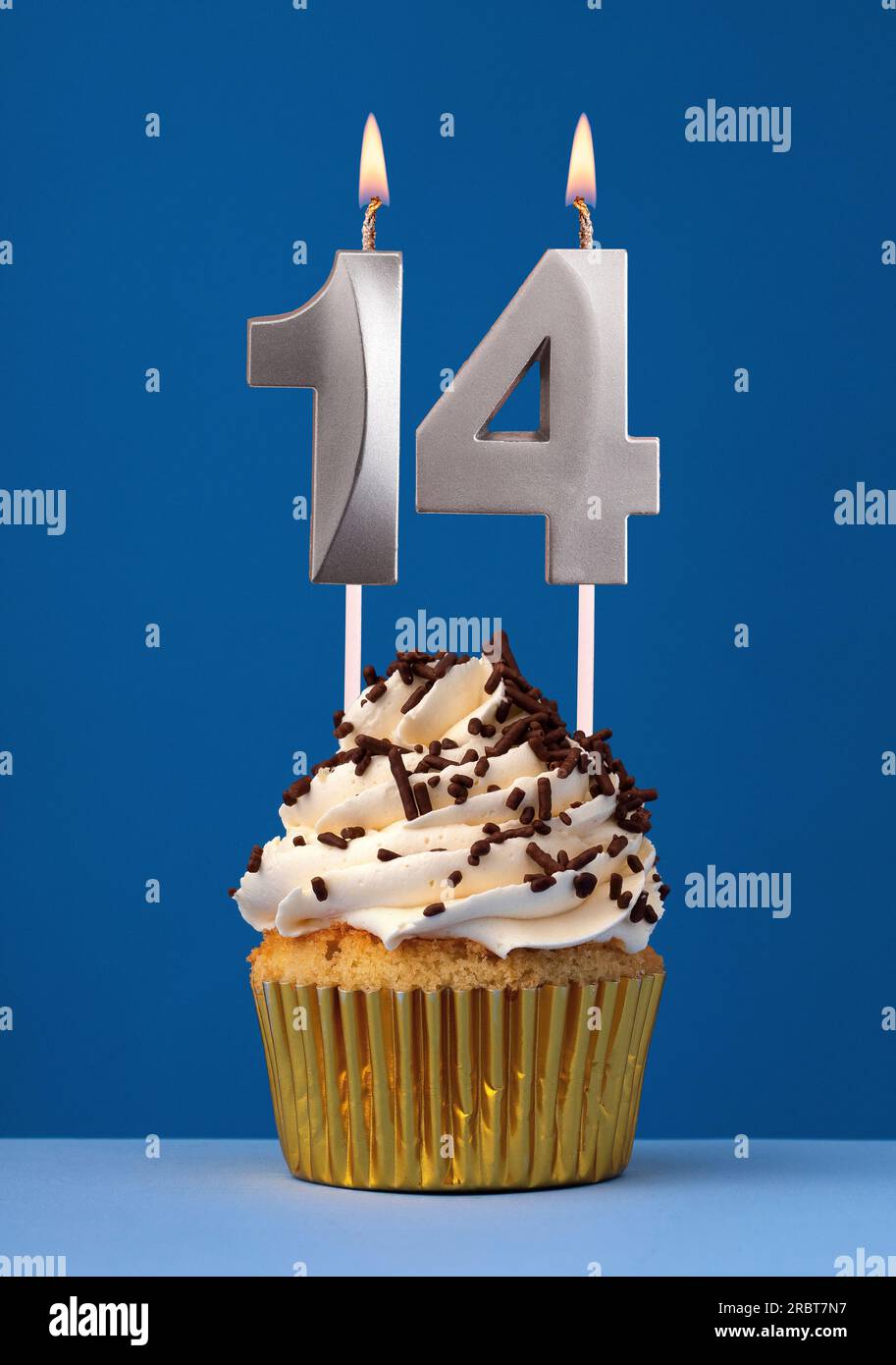 Horizontal birthday card with cake - Lit candle number 14 on blue ...
