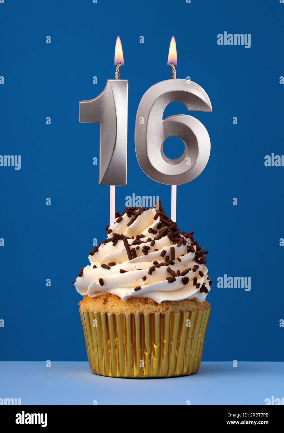Horizontal birthday card with cake - Lit candle number 16 on blue ...