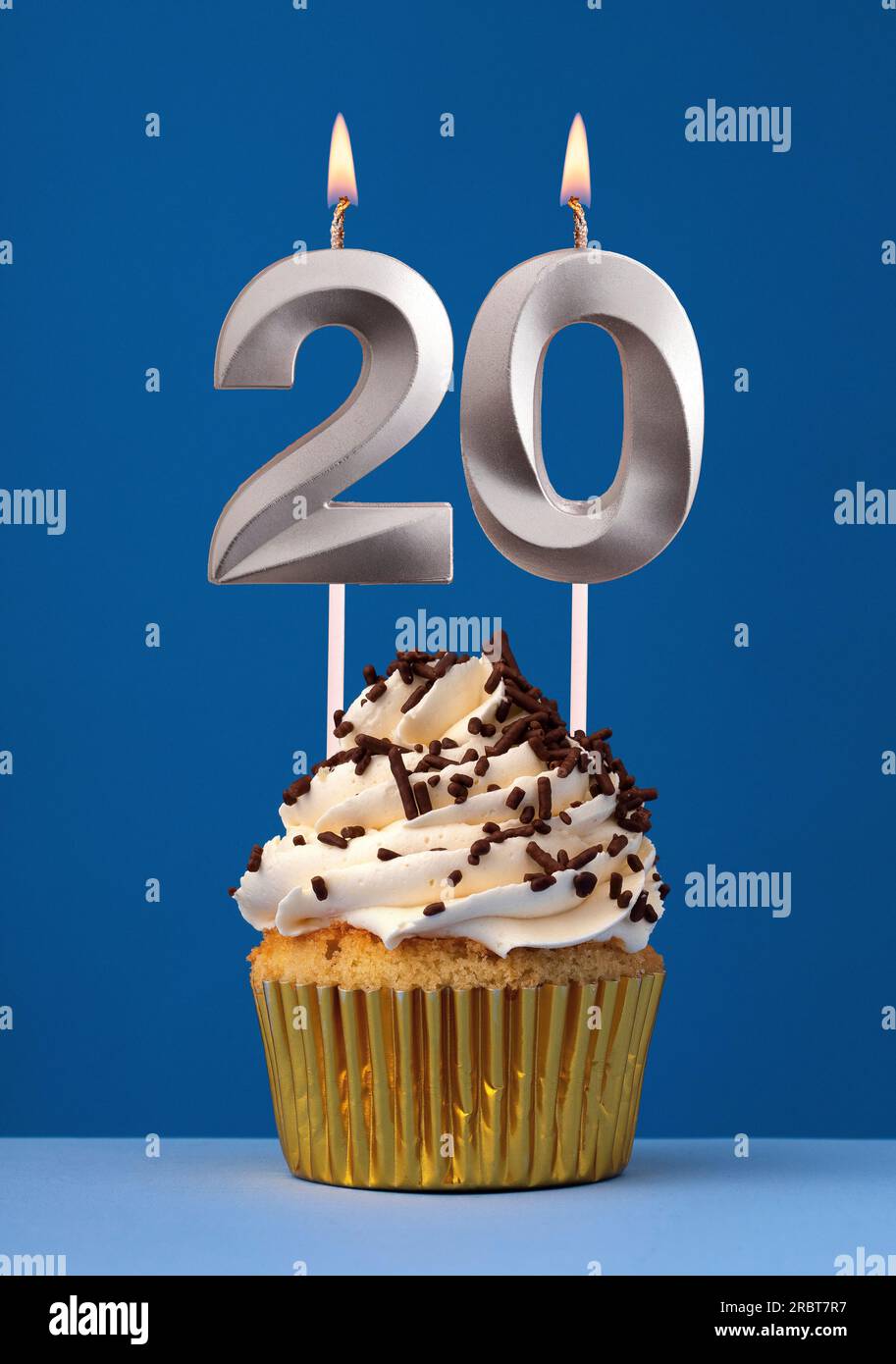 Horizontal birthday card with cake - Lit candle number 20 on blue ...