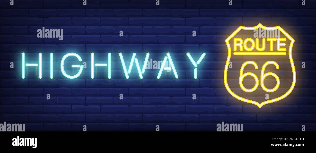 Highway, route sixty six neon text on shield sign Stock Vector Image ...