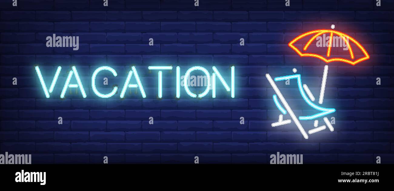 Vacation neon text with chaise longue and umbrella Stock Vector Image ...