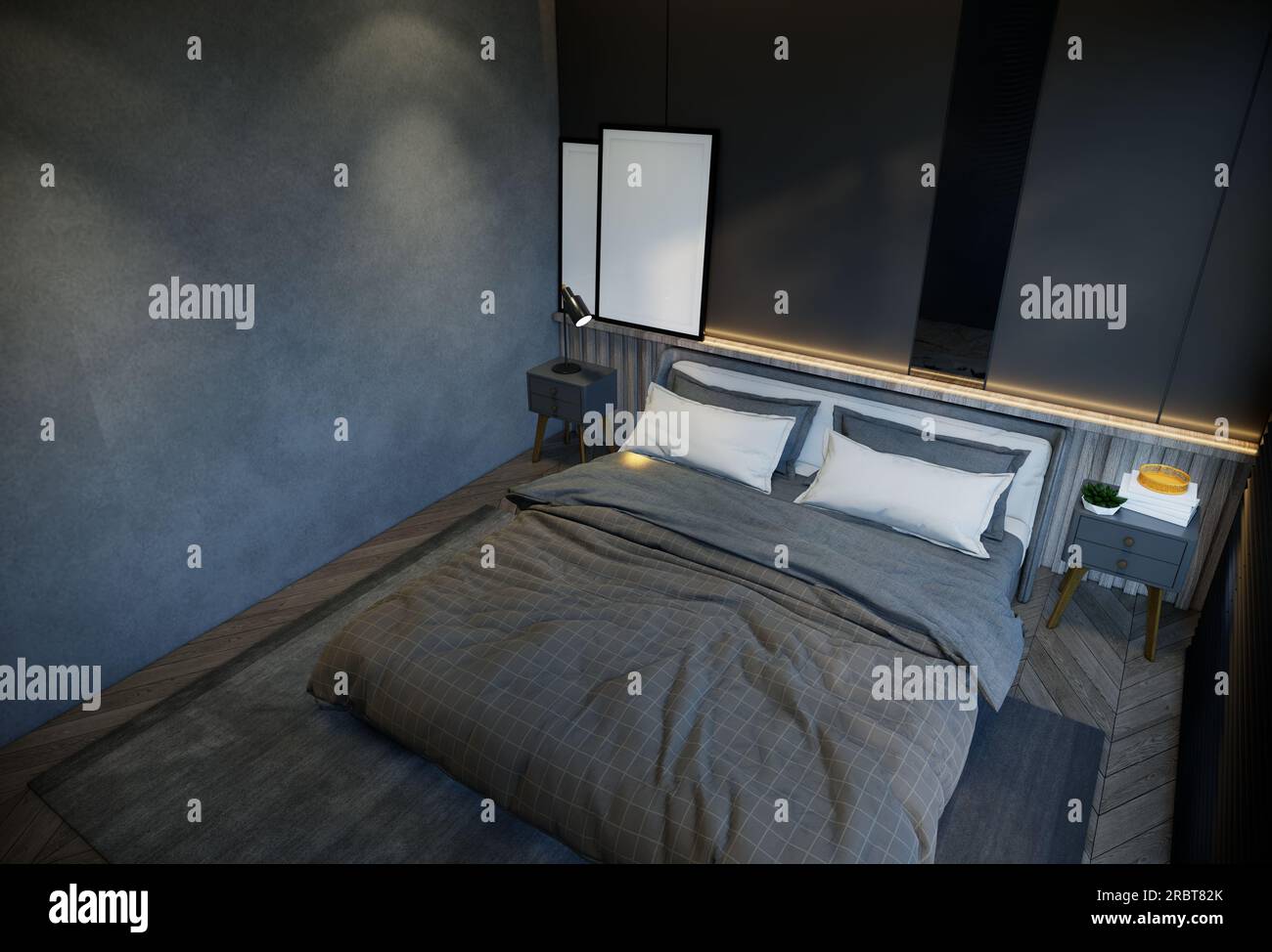 interior of the bedroom is minimal with black base tones. 3D ...