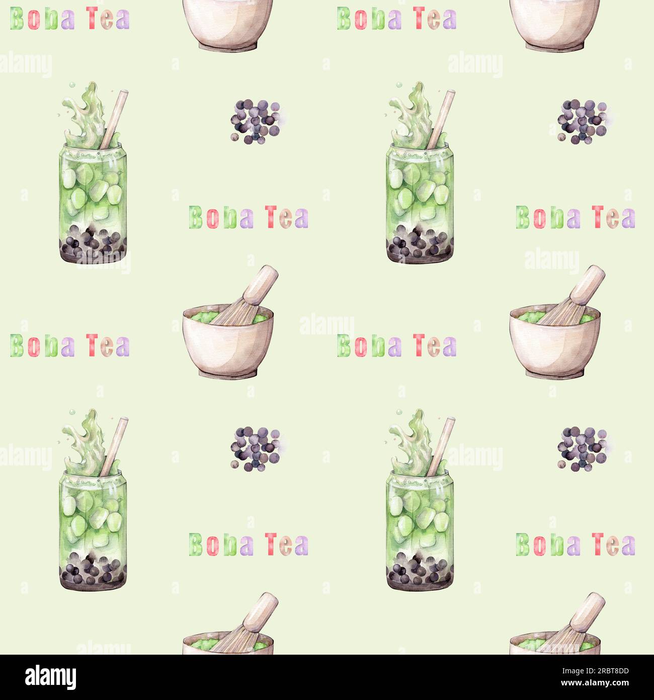 Seamless pattern. Hand drawn watercolor illustration. Boba tea. Bubble ...