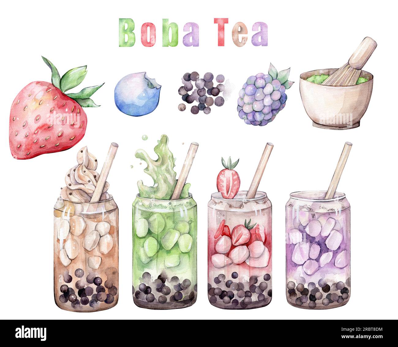 Watercolor hand drawn illustration with drinks. Boba tea. Bubble tea ...