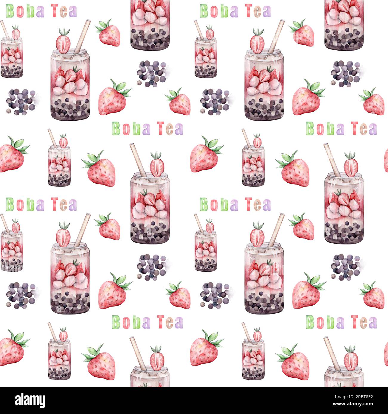 Seamless pattern. Hand drawn watercolor illustration. Boba tea. Bubble ...