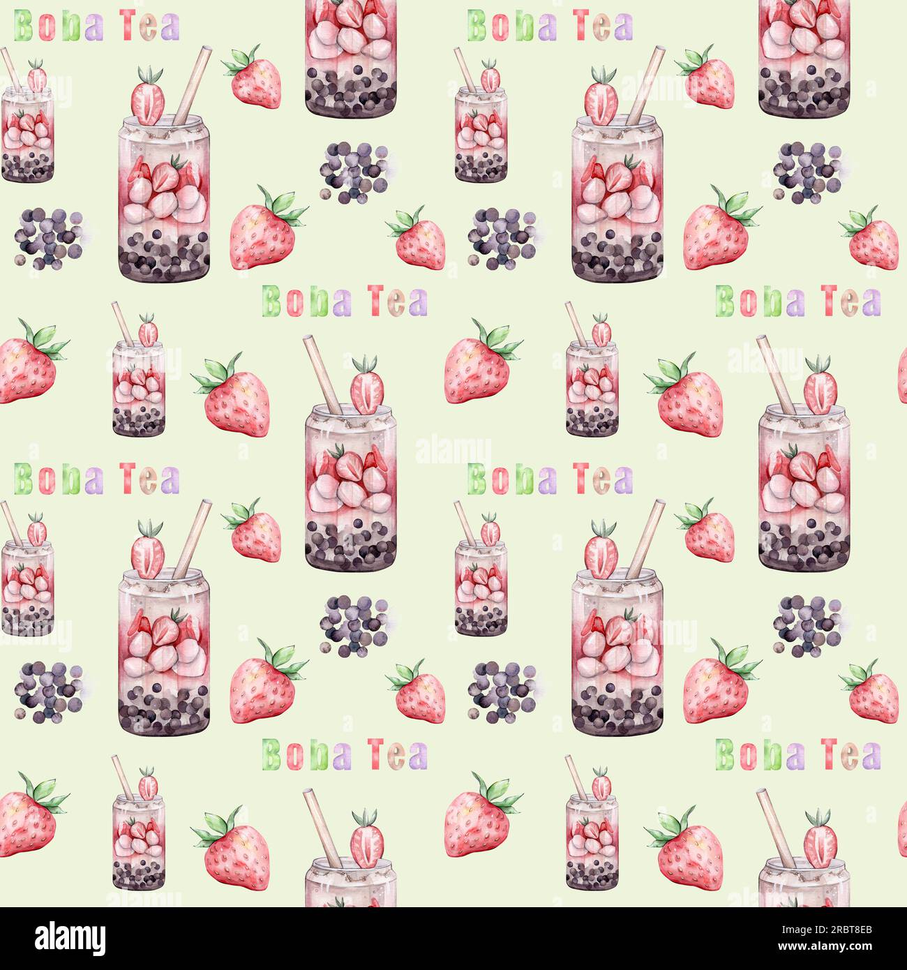 Seamless pattern. Hand drawn watercolor illustration. Boba tea. Bubble ...