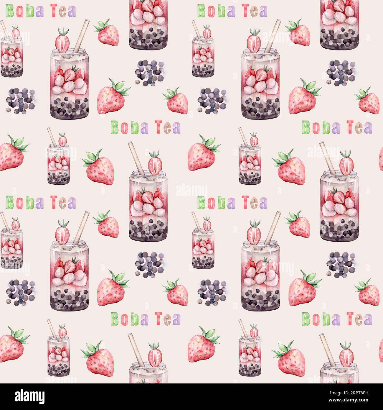Seamless pattern. Hand drawn watercolor illustration. Boba tea. Bubble ...