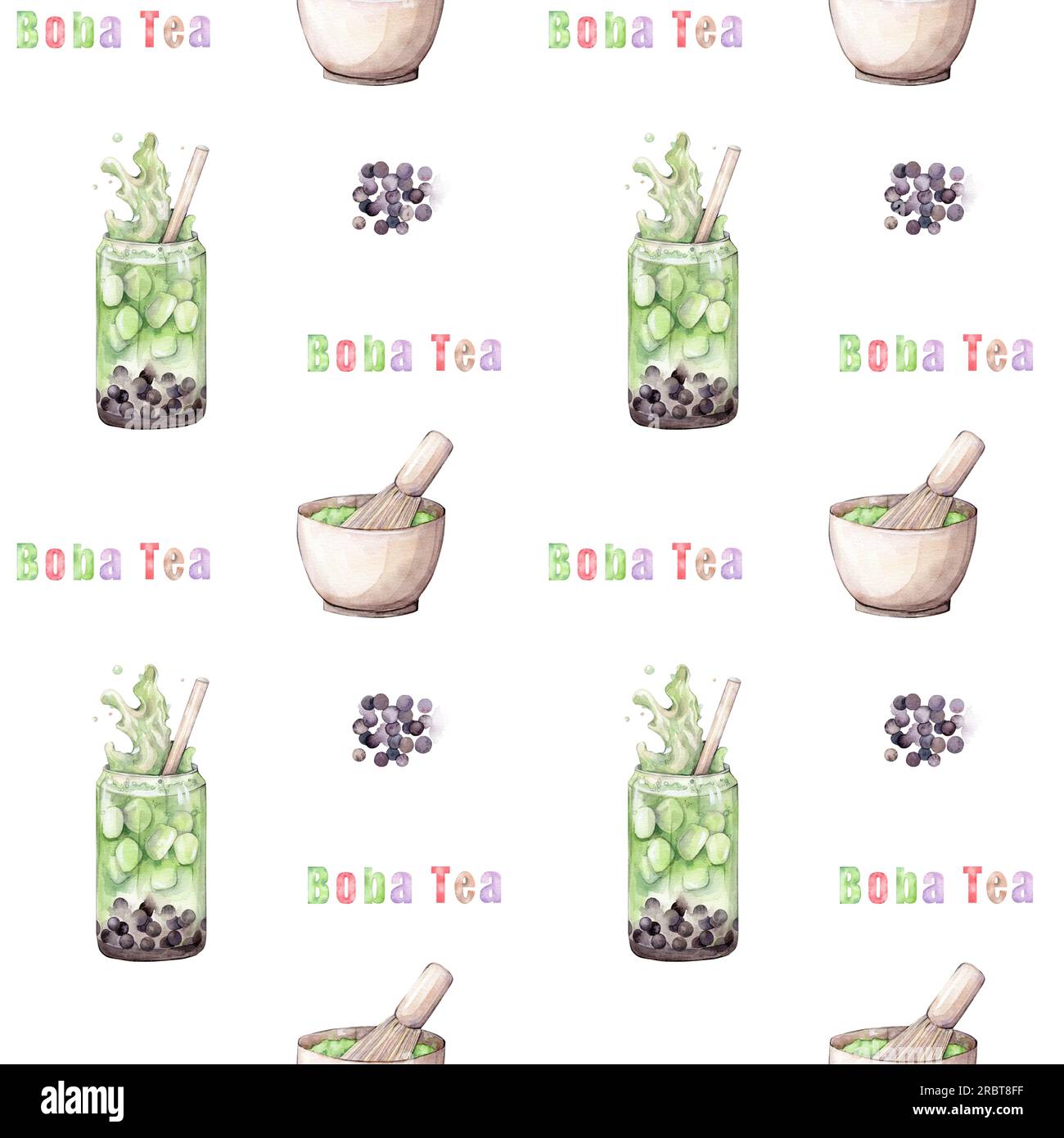 Seamless pattern. Hand drawn watercolor illustration. Boba tea. Bubble ...