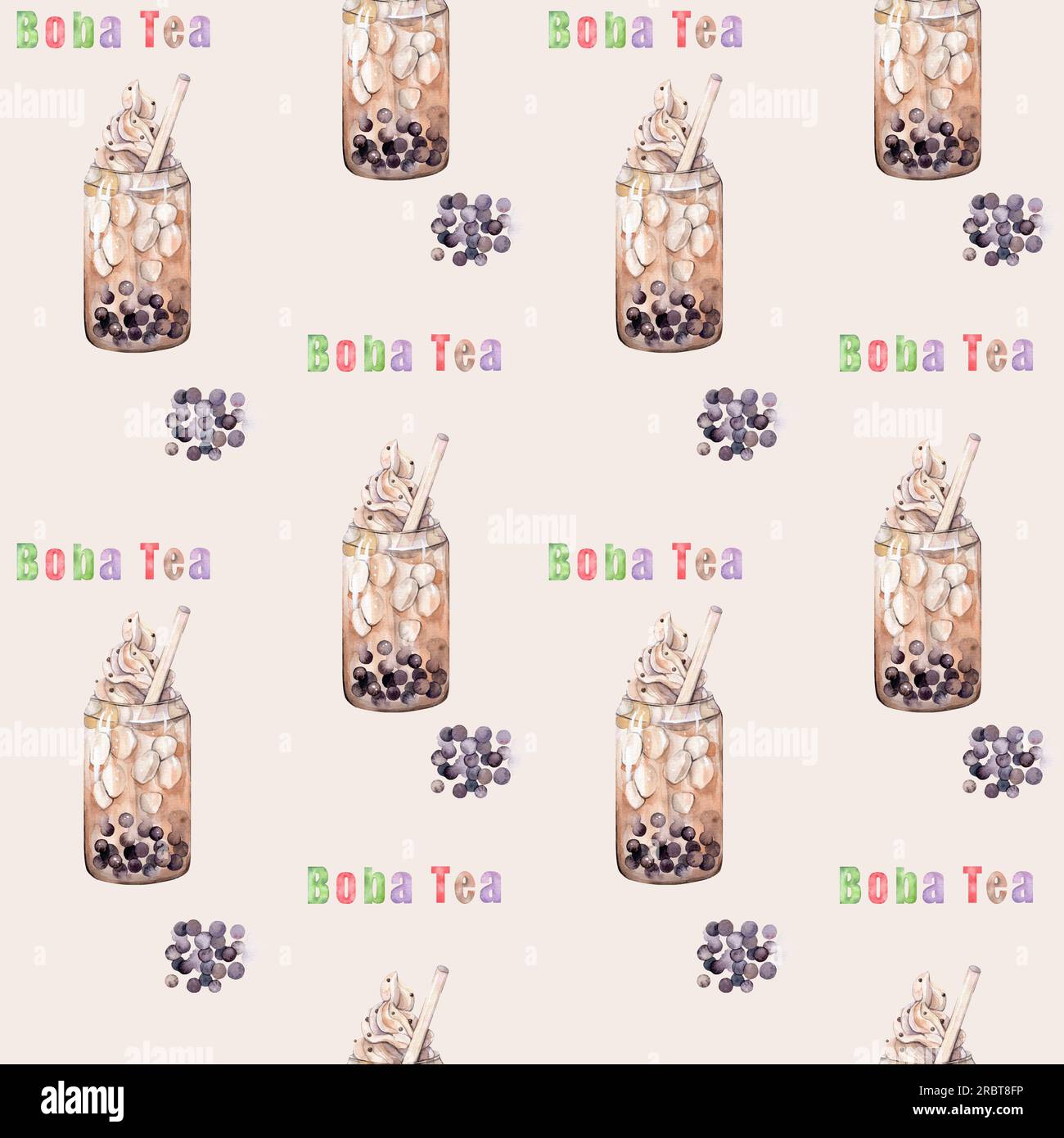 Seamless pattern. Hand drawn watercolor illustration. Boba tea. Bubble ...