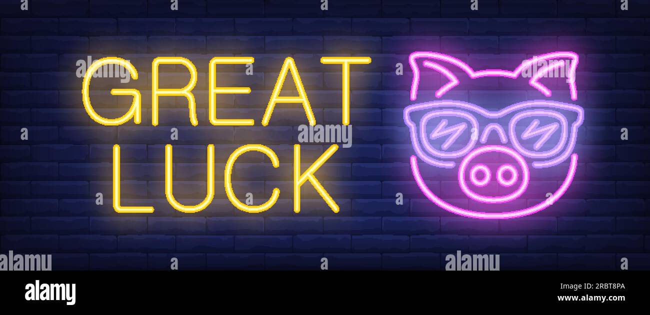 Great luck neon text with pig in glasses Stock Vector Image & Art - Alamy