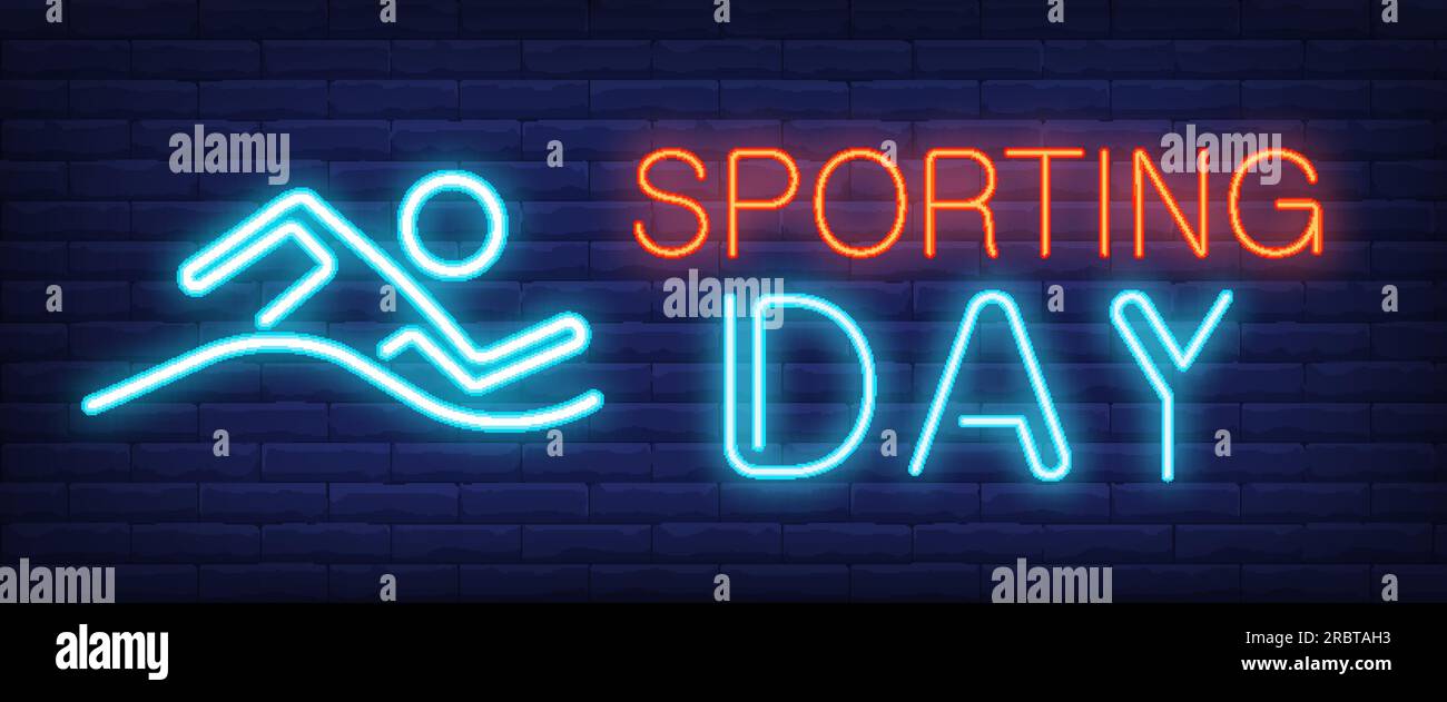 Sporting Day neon sign. Glowing bar lettering with swimming man Stock ...