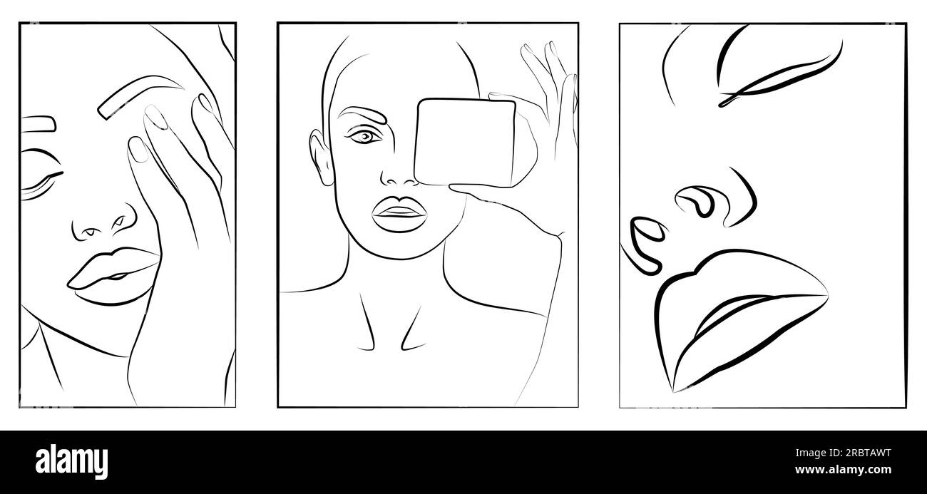 The face is a line. Continuous line, drawing many faces and hairstyles ...