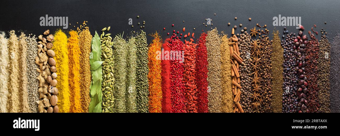 Spices and herbs for website headers. Seasoning scattered on black ...