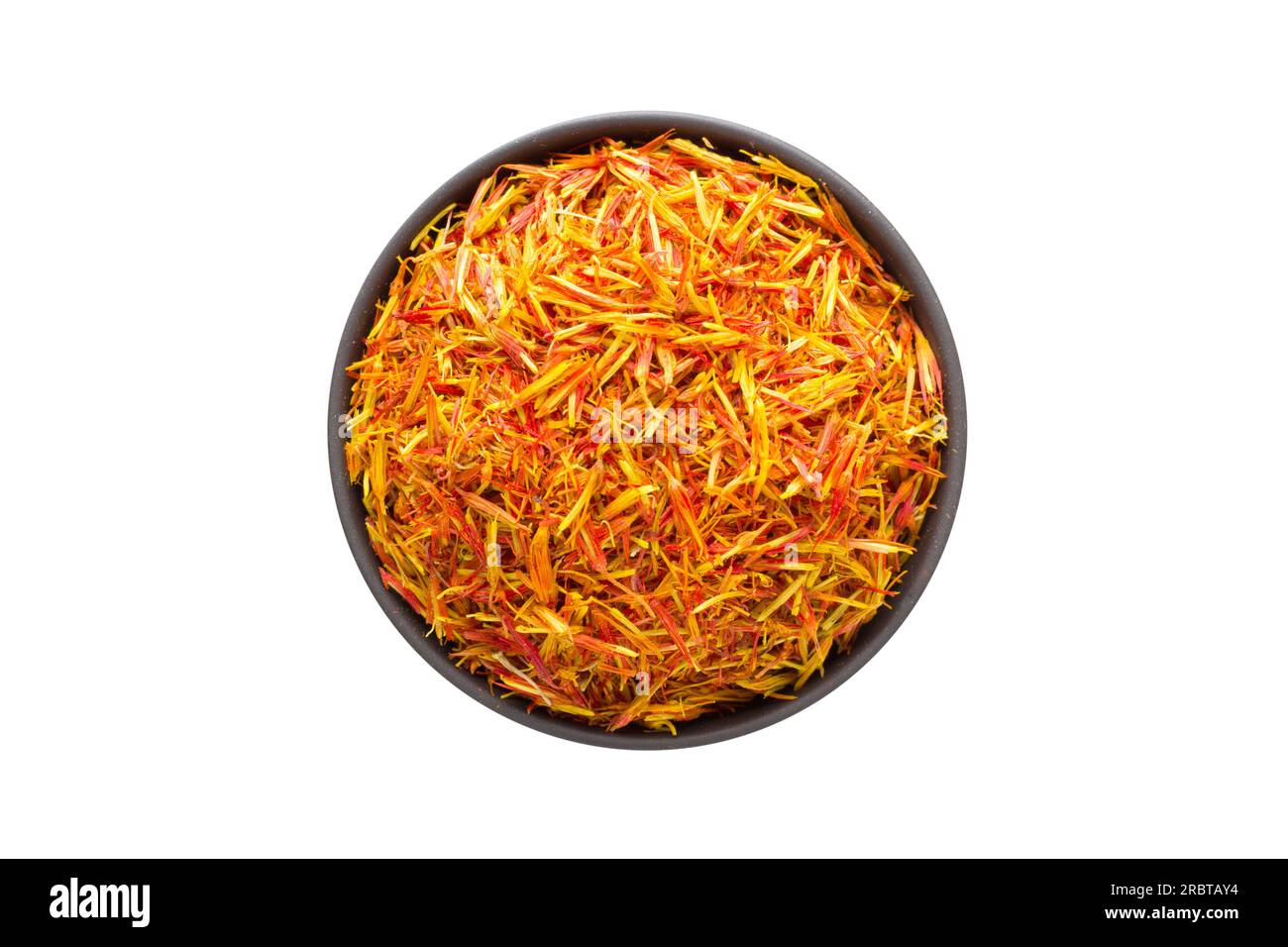 Dried saffron in bowl, top view, isolated on a white background ...
