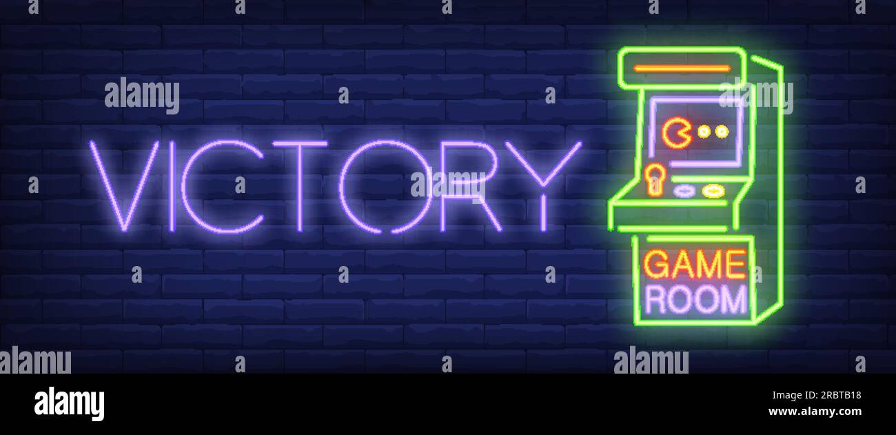 Victory game room neon text with arcade game machine Stock Vector Image ...