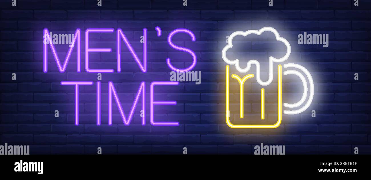 Mens Time neon sign. Glowing bar lettering and beer mug Stock Vector ...