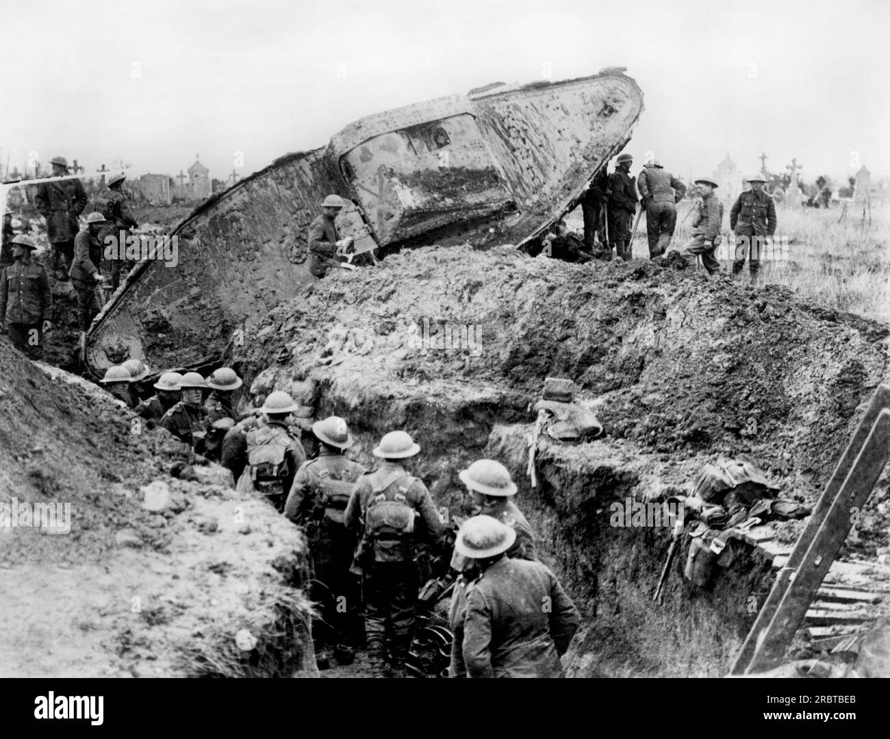 Arras, France: April, 1917 A British Mark II tank gets stuck crossing a ... Arras, France: April, 1917 A British Mark II tank gets stuck crossing a ...