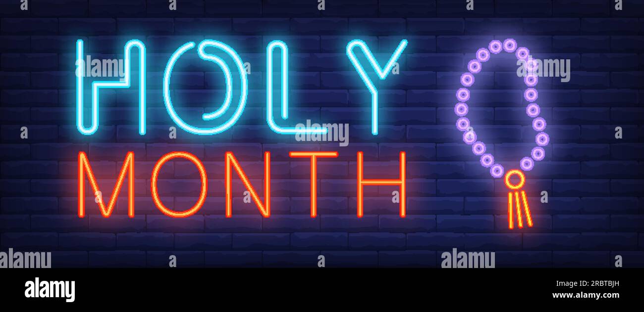 Holy month neon sign. Glowing bar lettering and rosary Stock Vector ...
