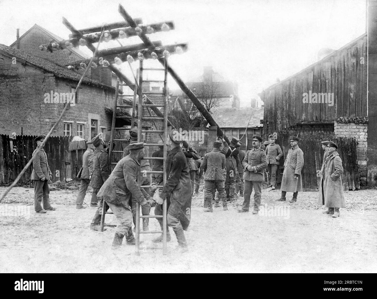 Champagne, France: c. 1916 German troops erecting telegraph poles in a ...