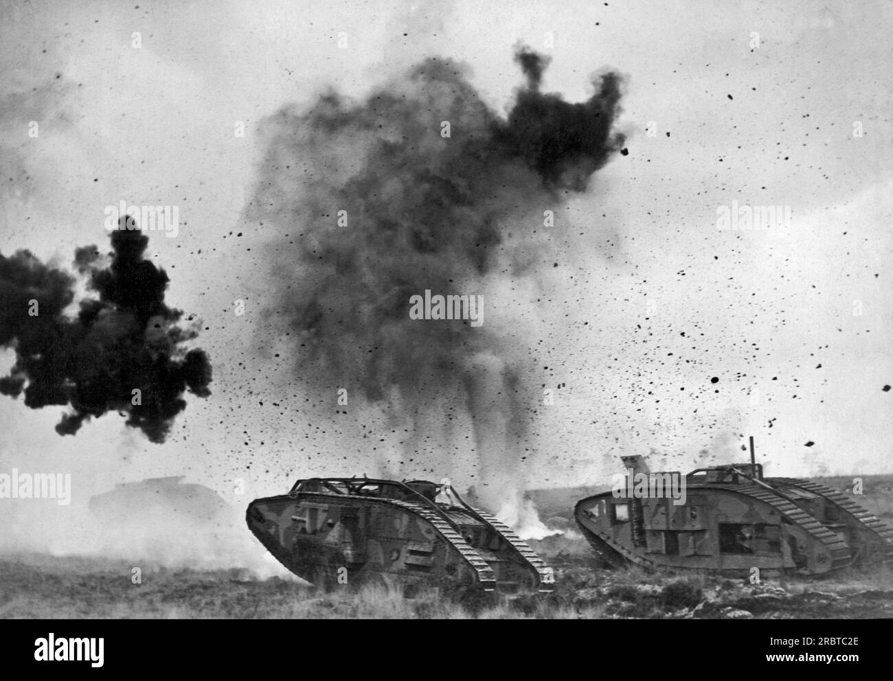 Europe: c. 1917 British tanks in action during WWI with German shells ...