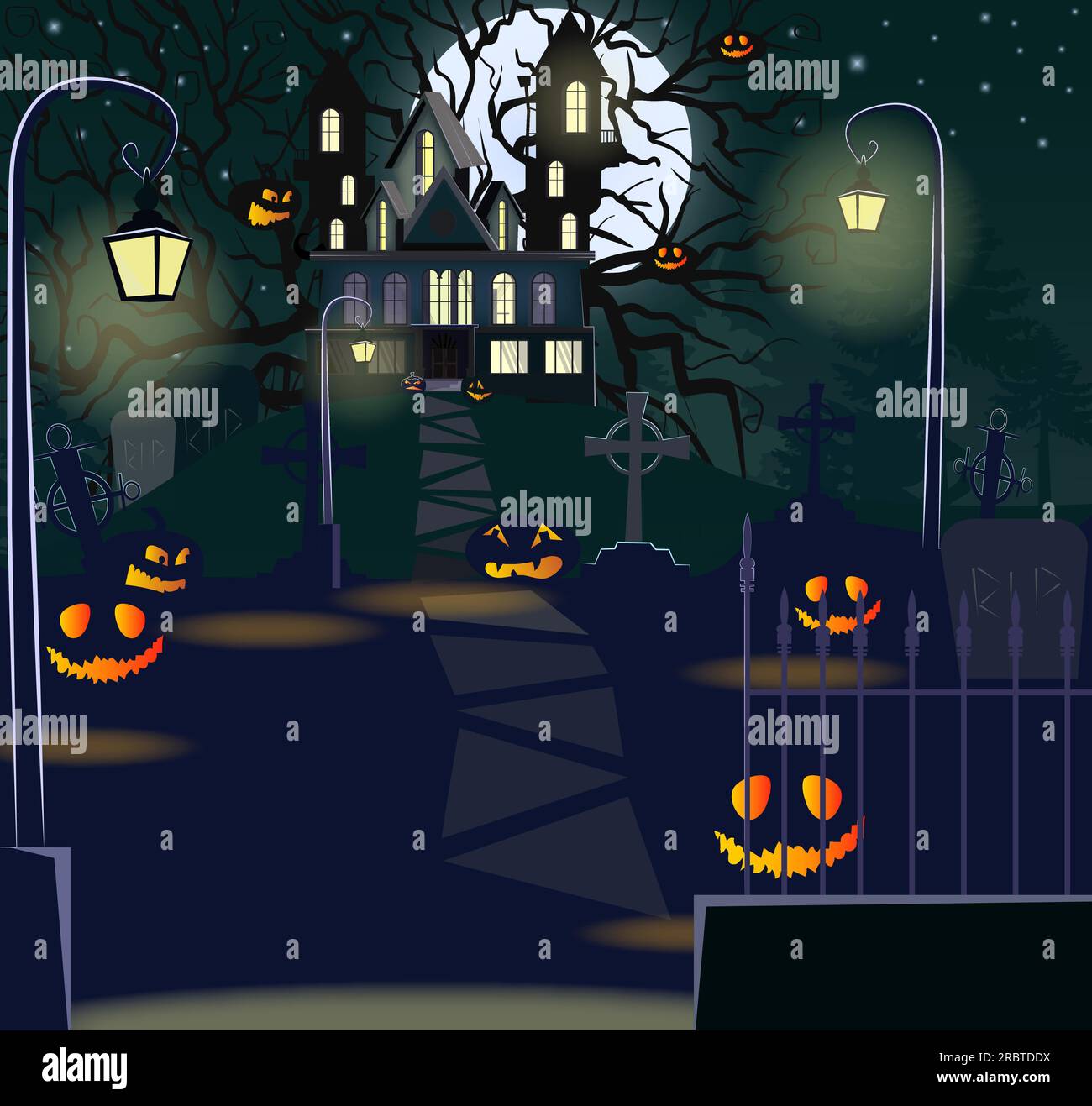 Road to haunted house with lanterns and pumpkins vector Stock Vector ...